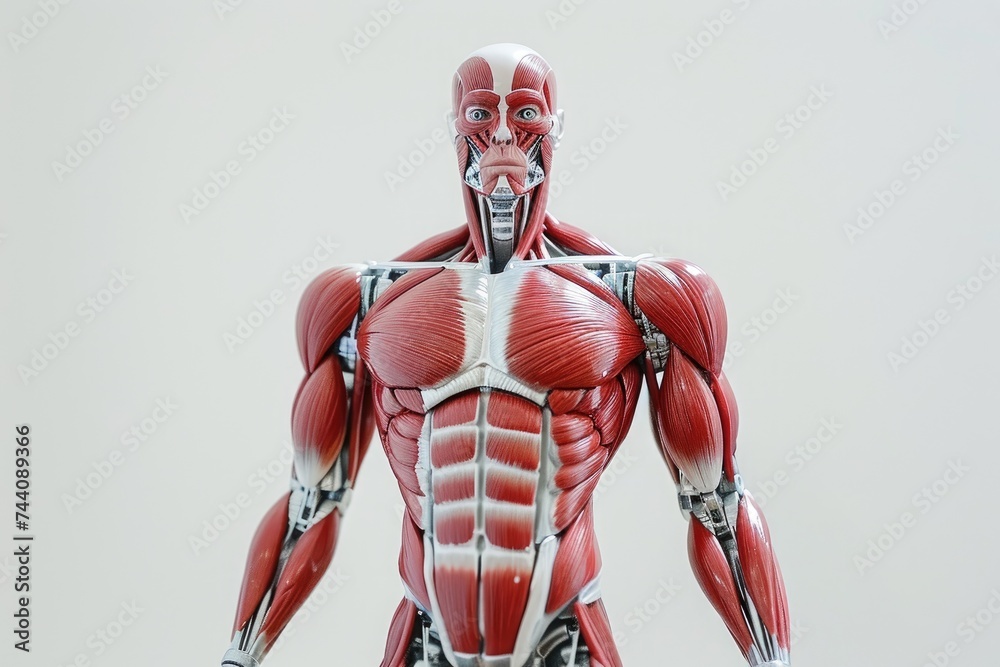 A detailed model of a human body showcasing highlighted muscles ...
