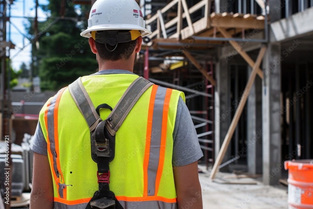 A construction worker stands wearing a safety vest and hard hat while ...