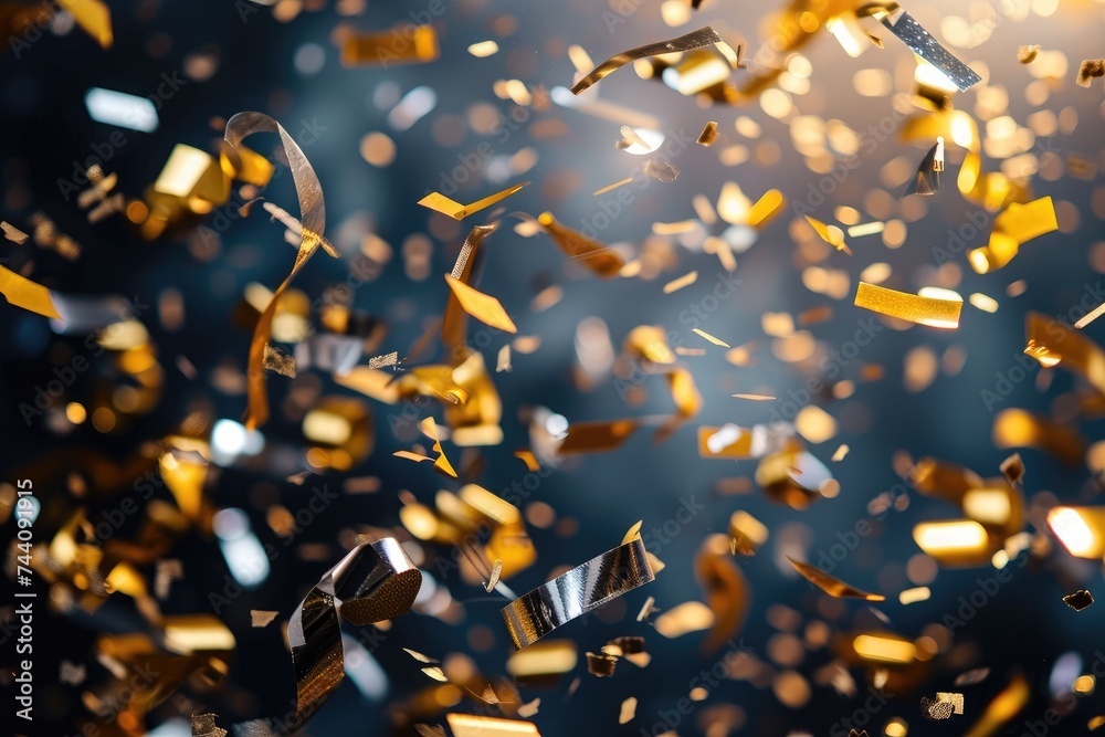 An abundance of gold confetti cascades down from above in a joyful ...