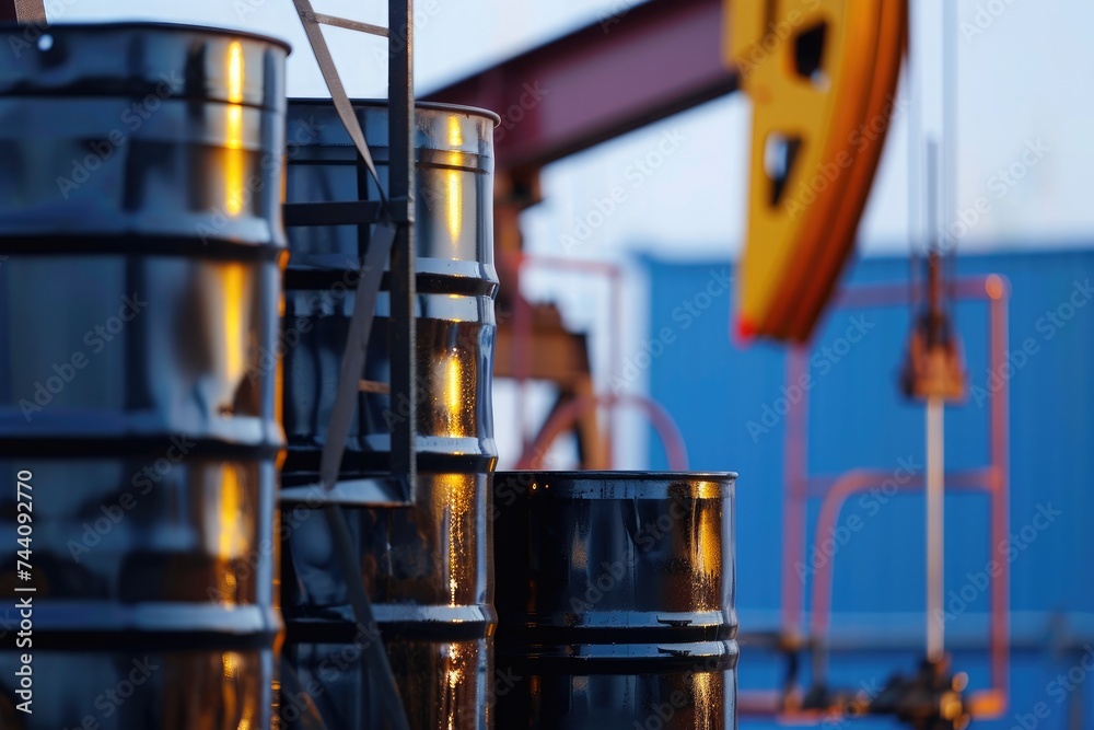 Several oil barrels are stacked on top of each other in an industrial ...
