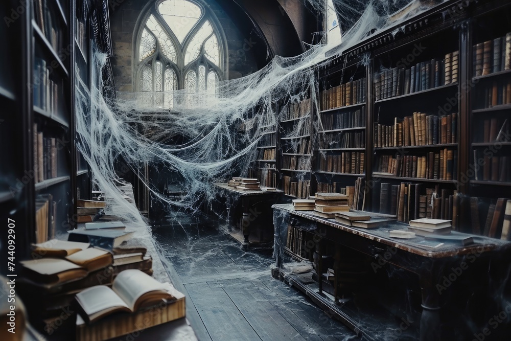 An image capturing a spider web suspended from the ceiling of a library ...