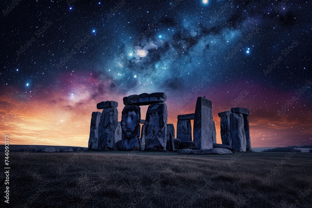 Stonehenge, the ancient monolithic stone circle, illuminated under a ...