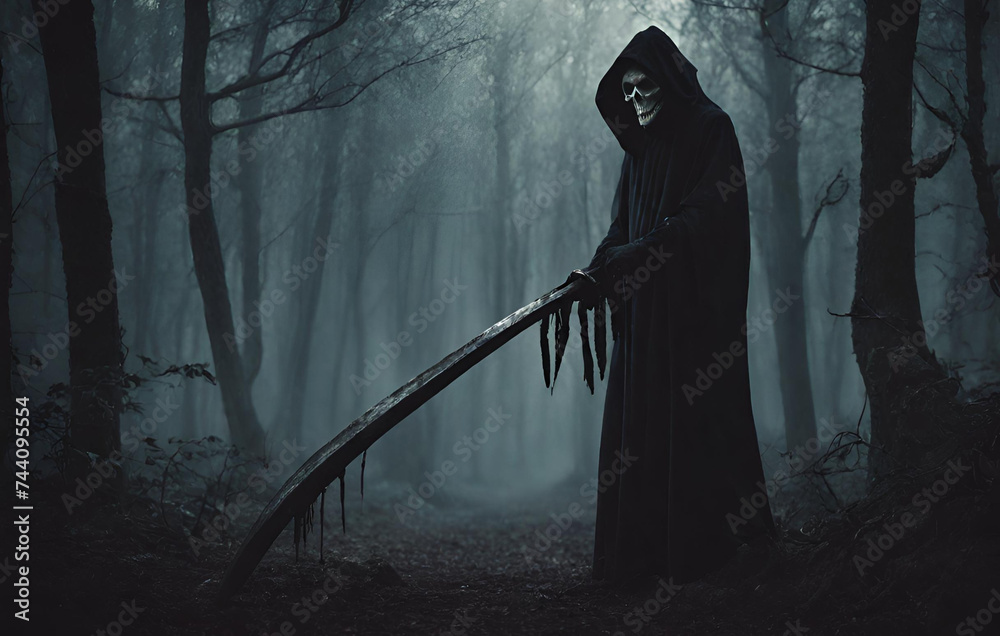 The Death as know as Grim Reaper casts black magic stands in the dark ...