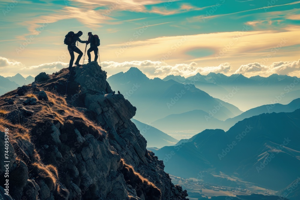 Two Hikers Standing on Summit of Mount Everest, Partners on a mountain ...