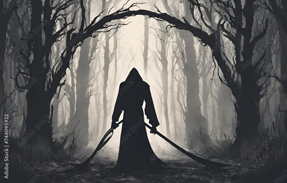 The Death as know as Grim Reaper casts black magic stands in the dark ...