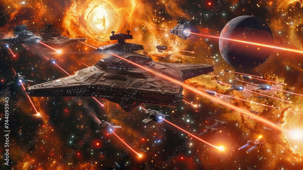 Epic space battle with starships and lasers vibrant nebulae backdrop ...