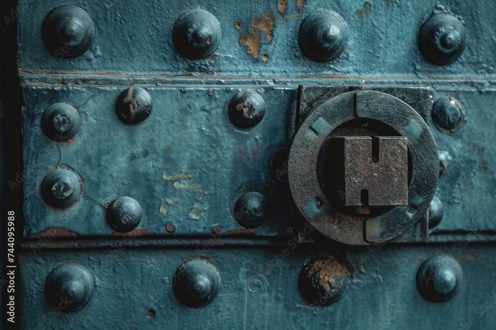 This photo showcases a detailed close-up of a metal door with a lock ...