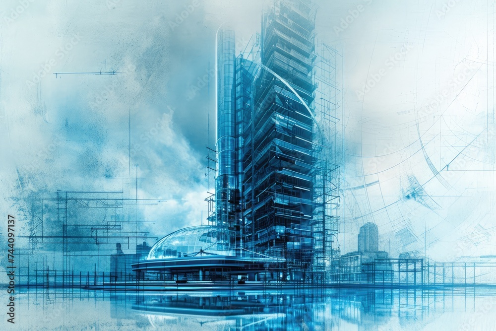 A Painting of a Tall Building in the Middle of a Body of Water ...