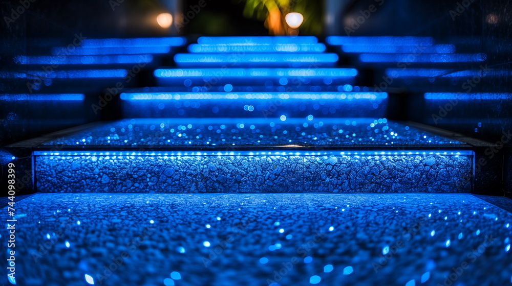 Illuminated steps at night with blue lights embedded, providing a ...