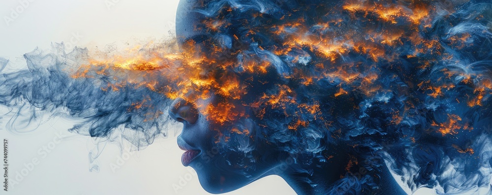 Amidst the smoldering trees and fiery sky, a woman's face emerges ...