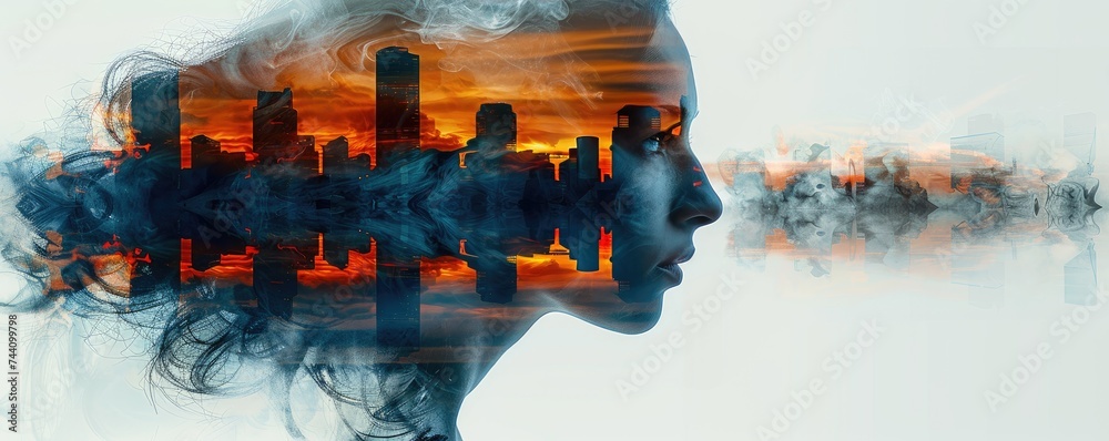 A reflective woman's profile, framed by a vibrant cityscape, evokes the ...