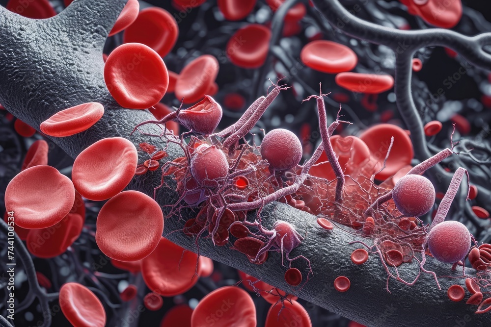 A close-up photograph capturing red blood cells flowing through a blood ...