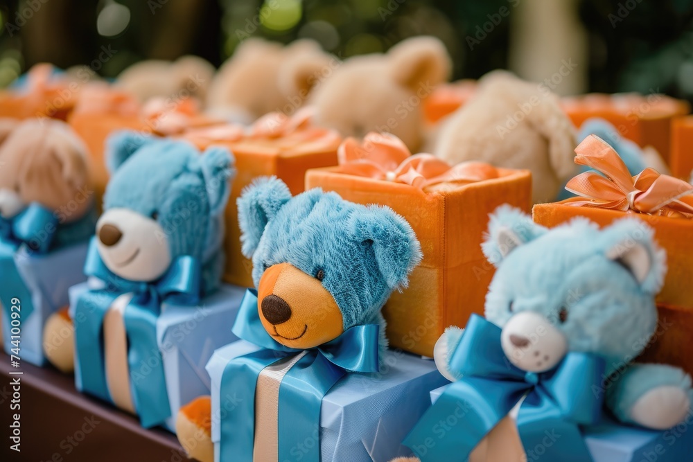 A collection of teddy bears sitting closely next to each other in a ...