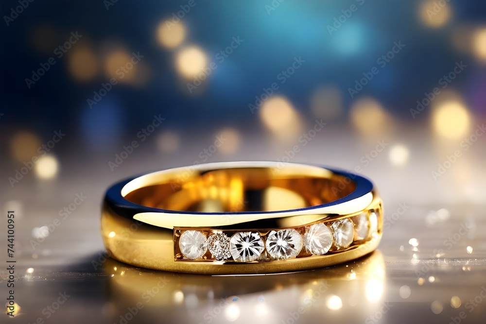 Close-up of shining a gold engagement ring with diamonds isolated on ...