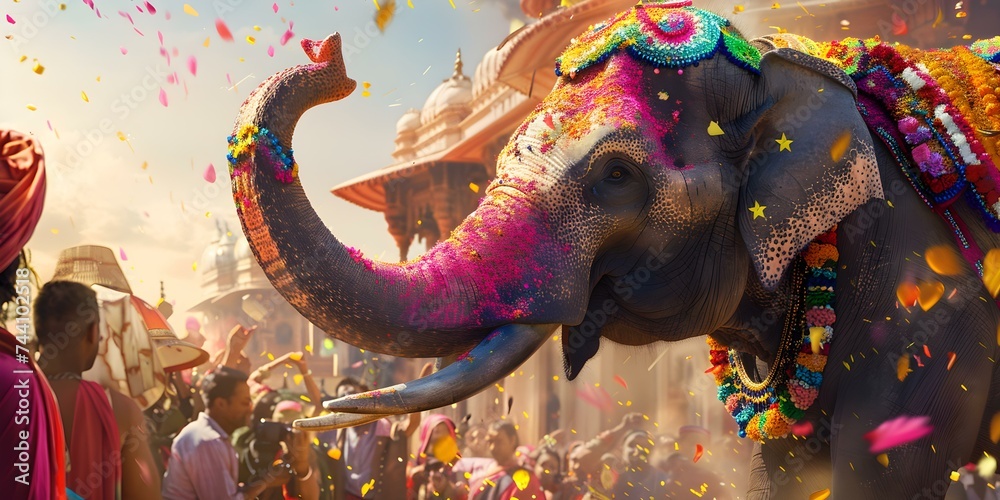 Elephant adorned in bright colors partakes in traditional Indian ...