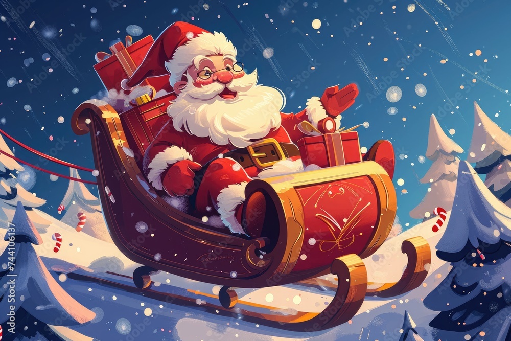 Santa Claus is depicted in a painting, riding on a sleigh while ...