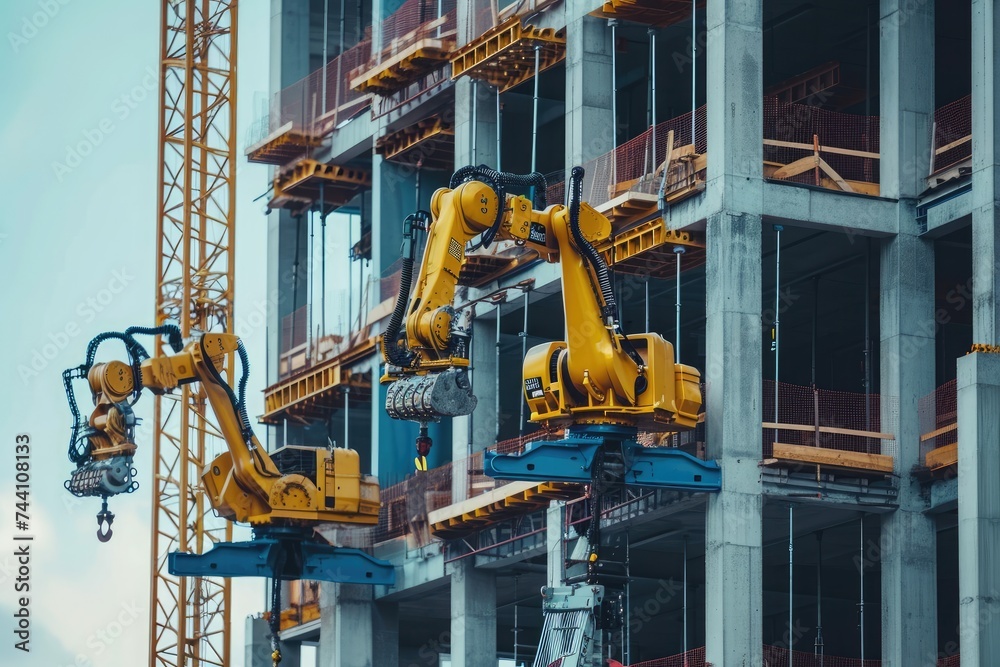A group of yellow and blue cranes stand in front of a building ...