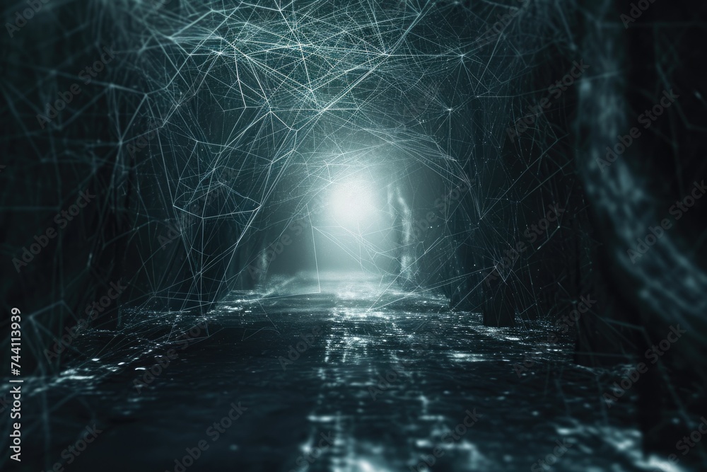 A dimly lit tunnel with a faint light visible at the far end, creating ...