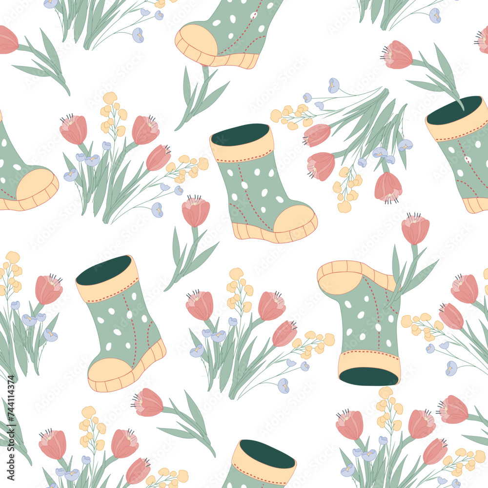Seamless pattern design for spring and summer seasons with wellies ...