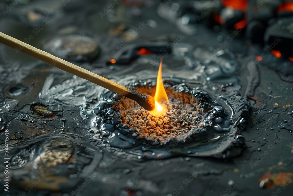 Authentic ignition shown as matchstick is lit by striking against flint ...
