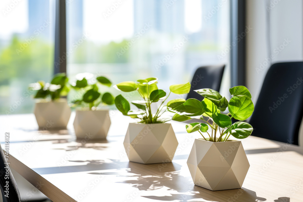 A modern meeting room with vibrant green plants in plaster white pots ...