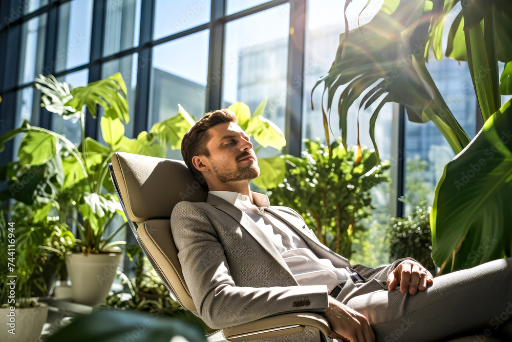 Man employee in a suit relaxing in recliner lounge chair in break area ...
