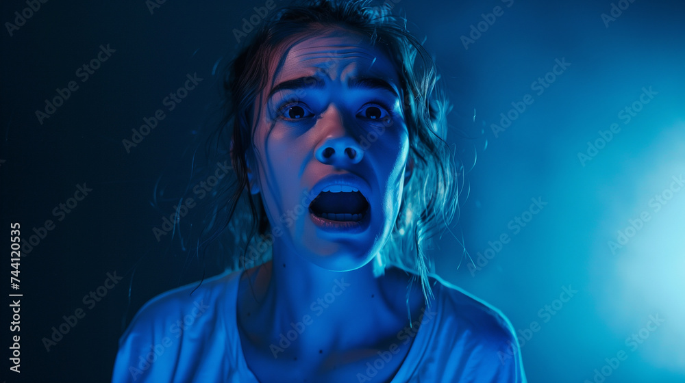 Frightened woman with a horrified expression in dim blue light ...