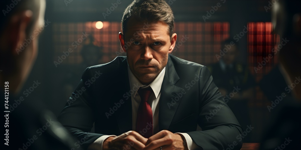 Professional investigator in formal attire observing suspects reaction ...