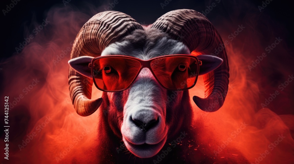 Wild ram in dark sunglasses close-up. Portrait of a wild ram ...