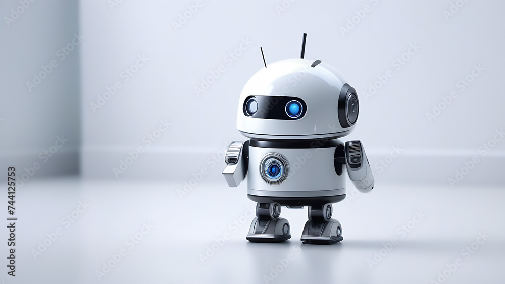 Cute white robot on white, light background with free space for text ...