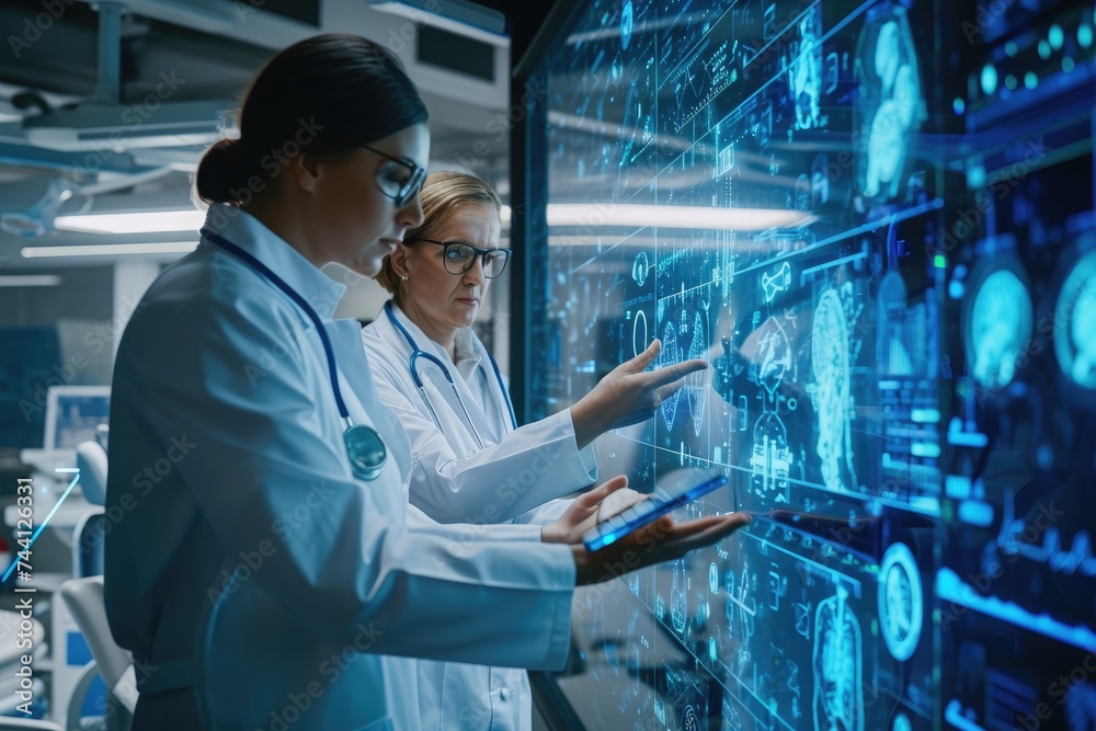 Two Women in White Lab Coats Looking at a Screen, Doctors analyzing ...