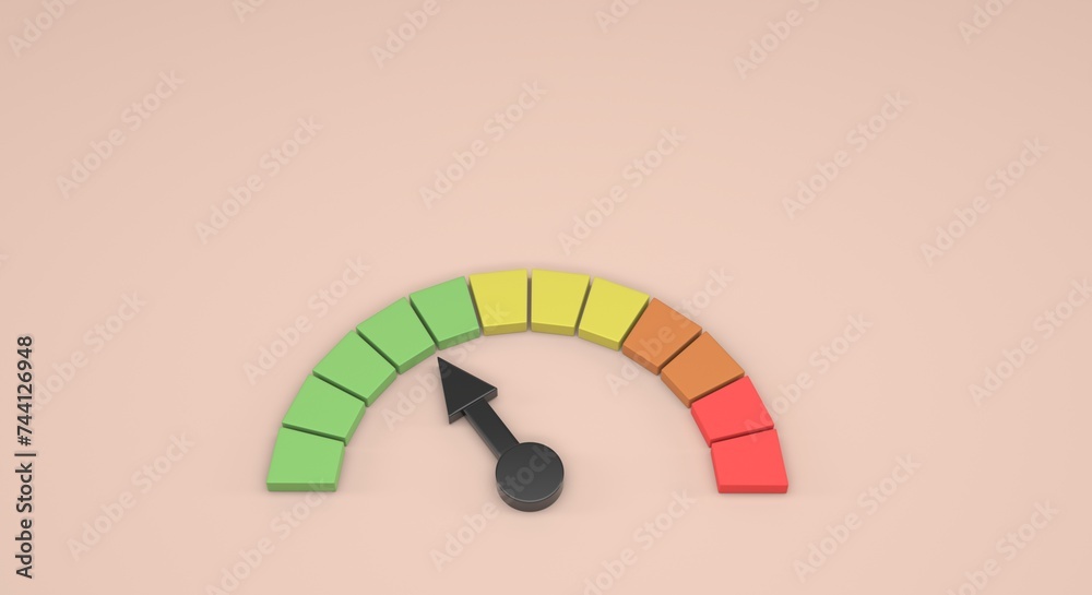 Speed meter, risk index, arrow showing confidence level, green, yellow ...