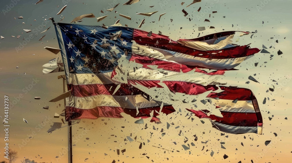 Torn tattered US flag on pole falling to pieces. American symbol breaking into parts. Sky ...