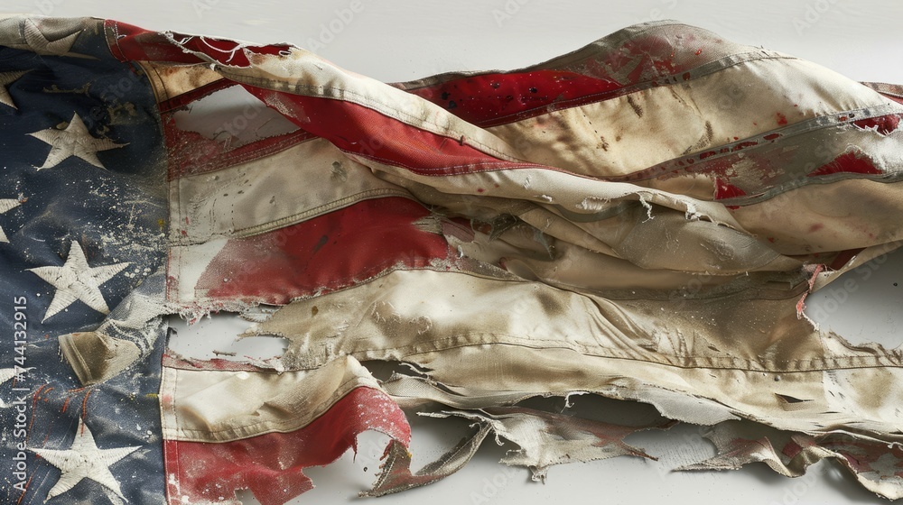 Torn tattered USA flag falling to pieces on white background. American symbol breaking into ...