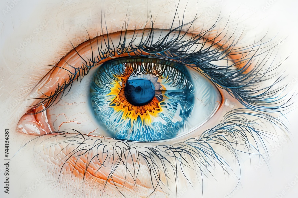human eye is blue with an expressive multi-colored iris surrounded by ...