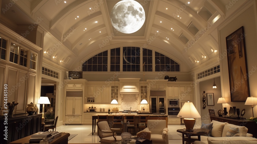 Moonlight streams through skylights in the vaulted ceiling of a lavish ...