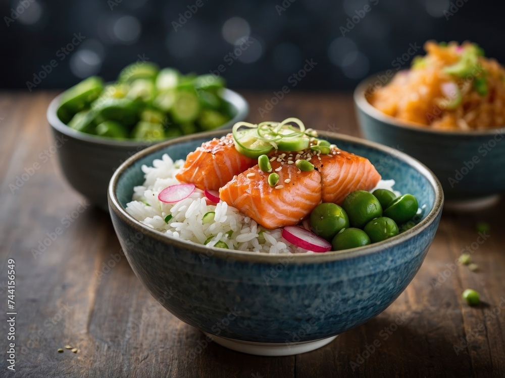 Close-up hawaiian salmon fish poke bowl with rice and radish and ...