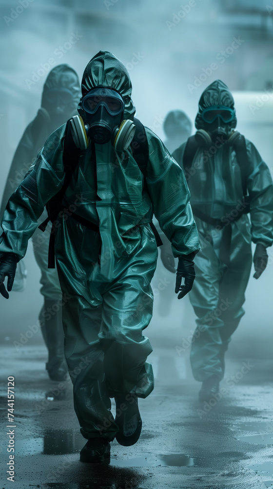 Biohazard team in protective suits during a contamination event, ideal ...