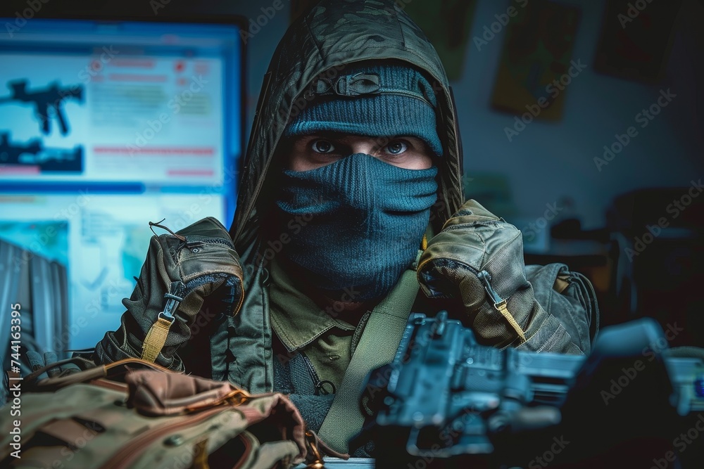 A masked man lurks indoors, weapon in hand, his face hidden as if he ...