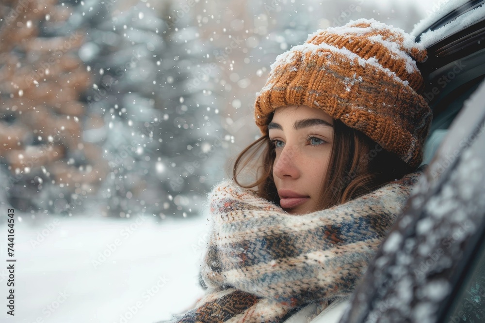 A bundled woman braves the bitter winter chill, her knit cap and bonnet ...