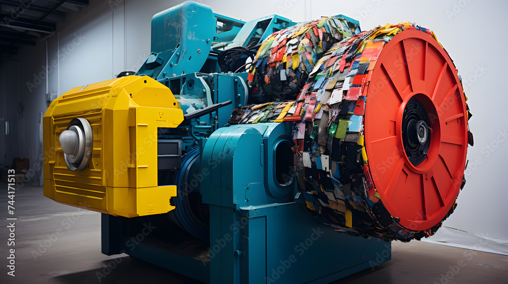 A towering trash compactor hums as it devours piles of waste, its ...