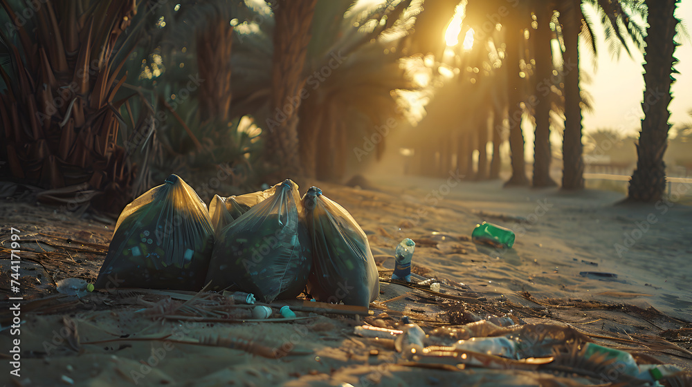 Nature's beauty tainted by piles of waste as the sun rises, reminding ...