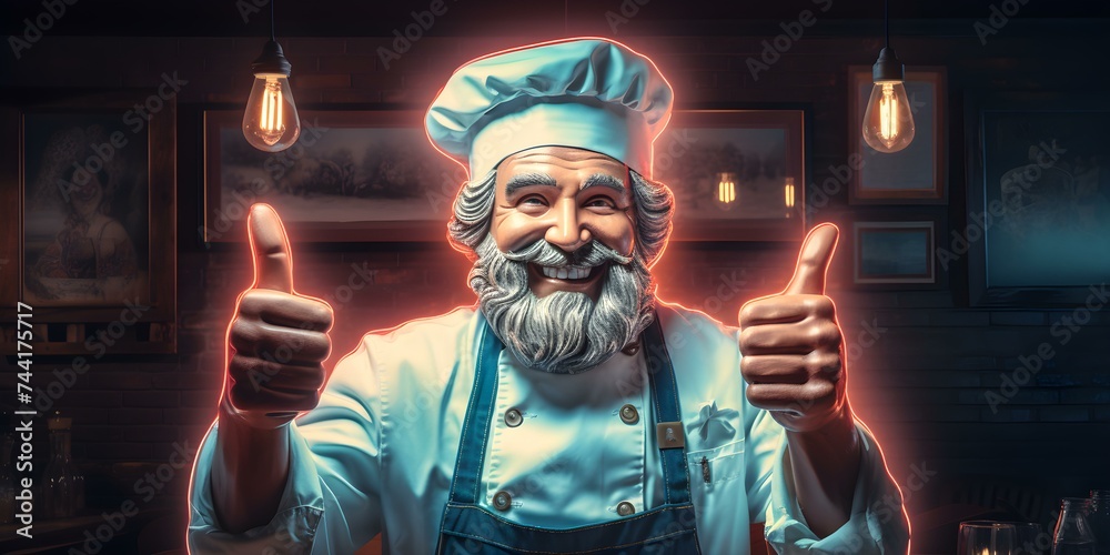 Bright neon chef sign with spatula and thumbs up promises tasty diner ...
