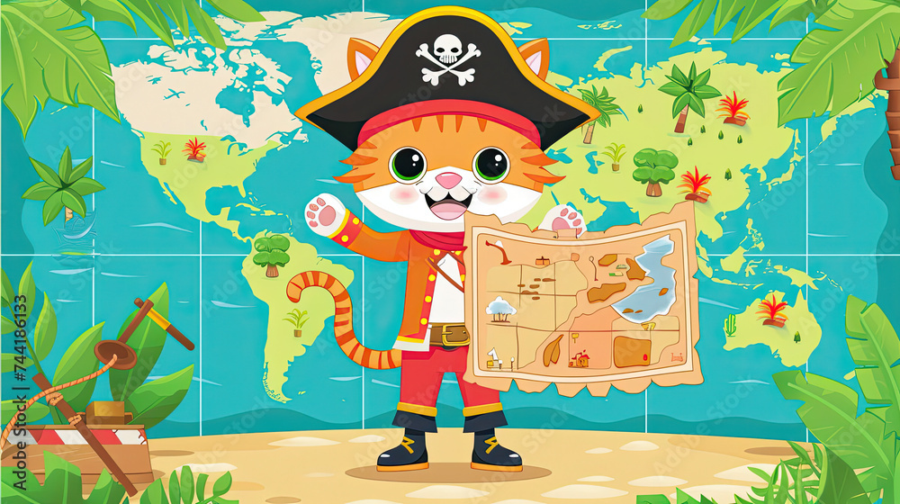 Feline Explorer: Adventurous Cat & Treasure Map on Imaginative Quest ...