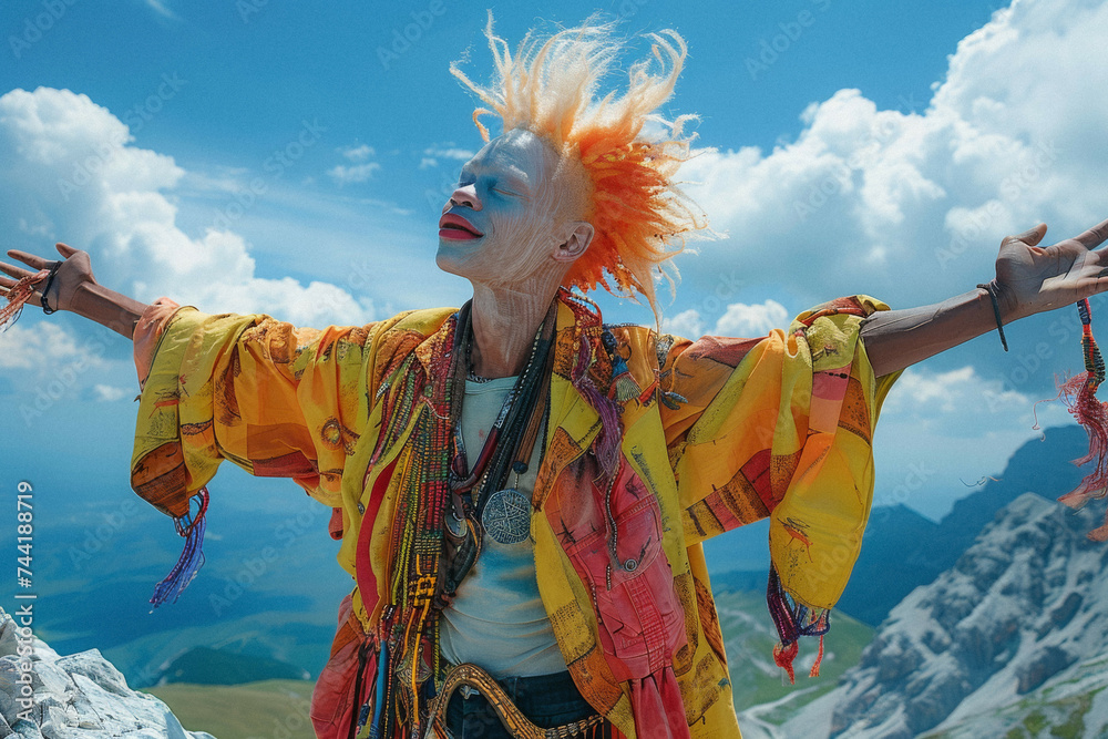 An individual with albinism standing atop a mountain, arms spread wide ...