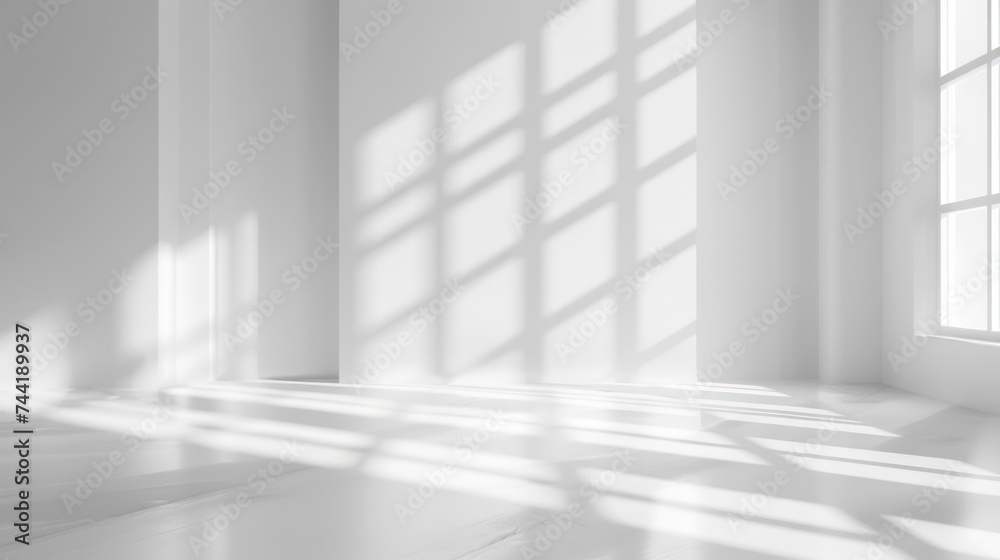 White background with light silhouette effect from the window, minimalist presentation ...