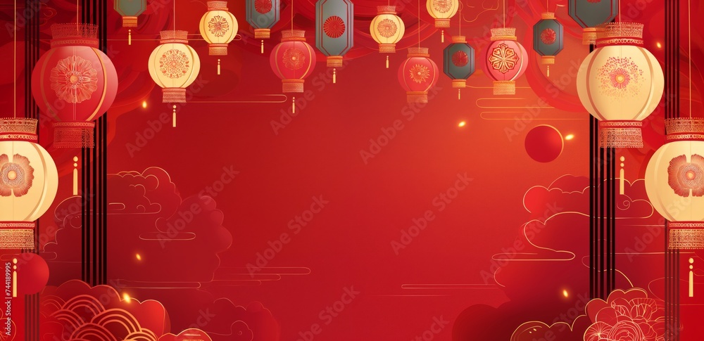 Chinese new year greeting card, in the style of vibrant stage backdrops ...