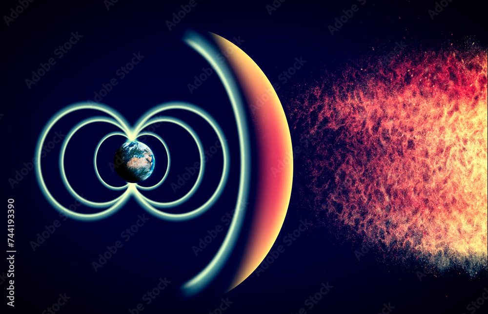 Sun and solar storm, Earth's magnetic field, Earth and solar wind, flow ...