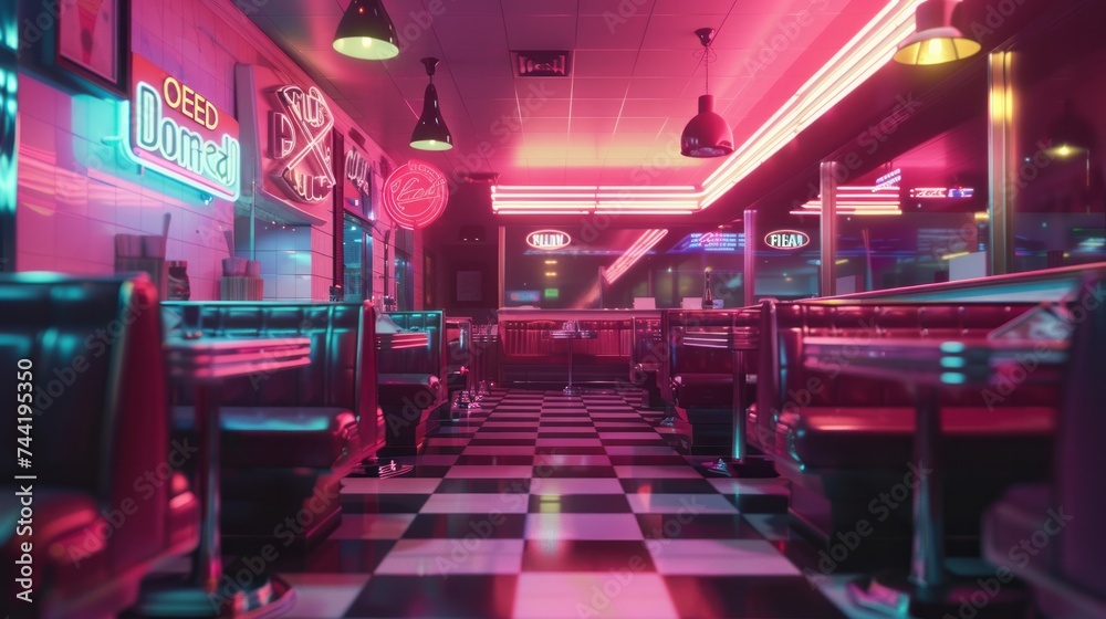 Nostalgic retro diner with neon signs, checkered floors, and vinyl ...