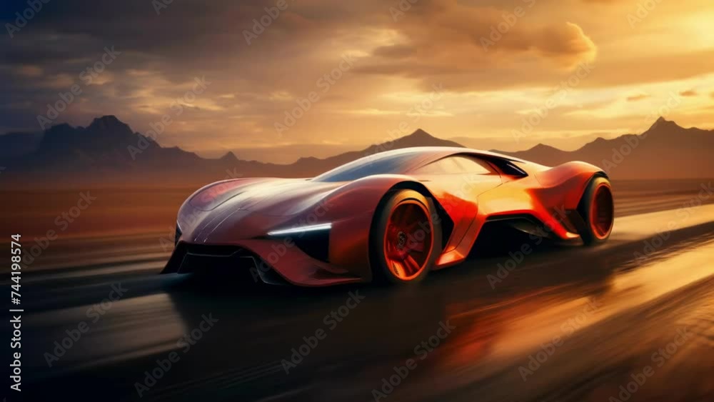 Futuristic red sports car in a desert landscape of an alien planet ...